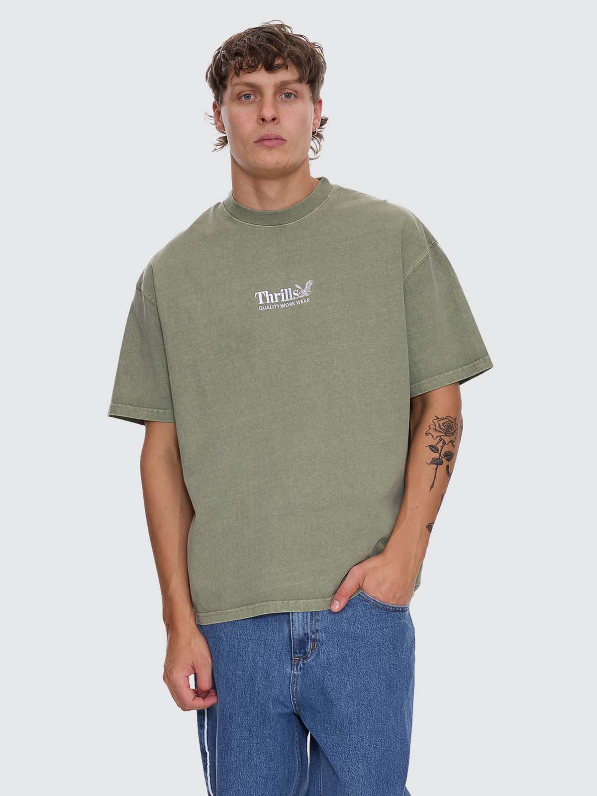 Thrills Workwear Embro Box Fit Oversize Tee - Light Olive | Thrills Co. USA