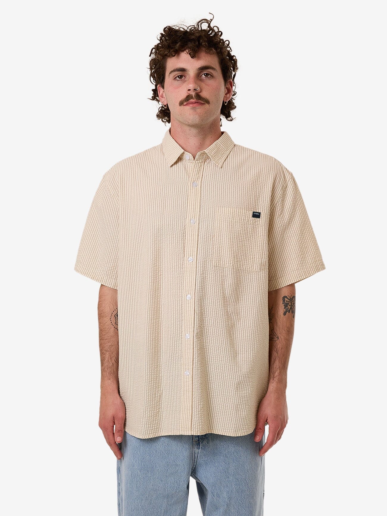 Locked In Stripe Short Sleeve Shirt in White | Thrills Co. USA